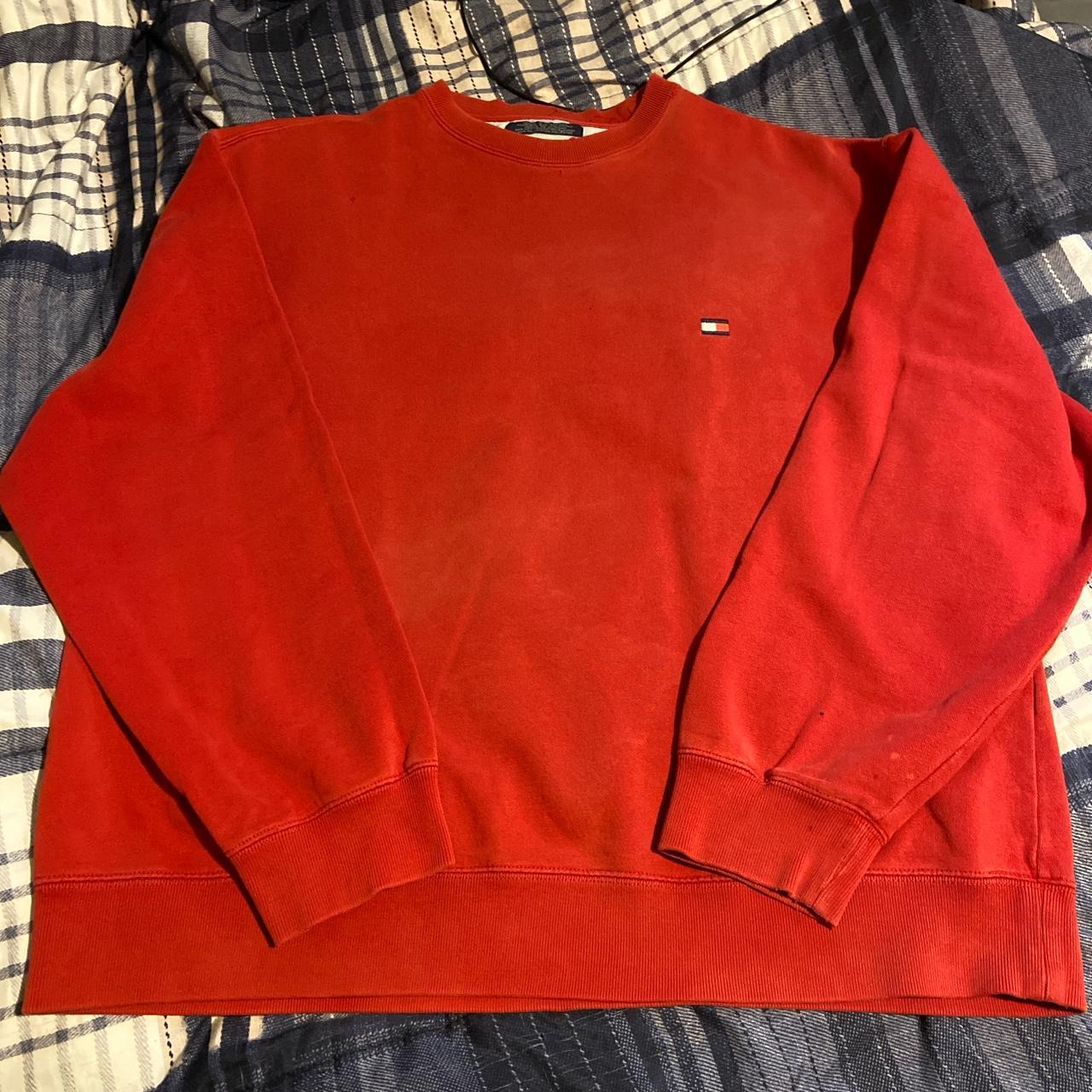 Red Tommy Hilfiger crewneck sweater Small stains on... - Depop