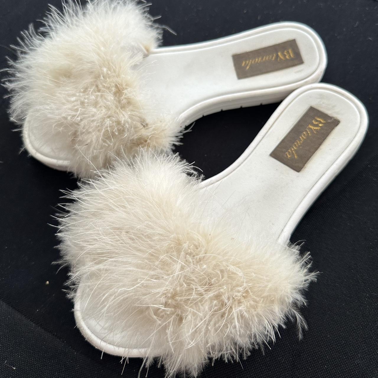 Cute cream fluffy sliders Worn but still look good... - Depop