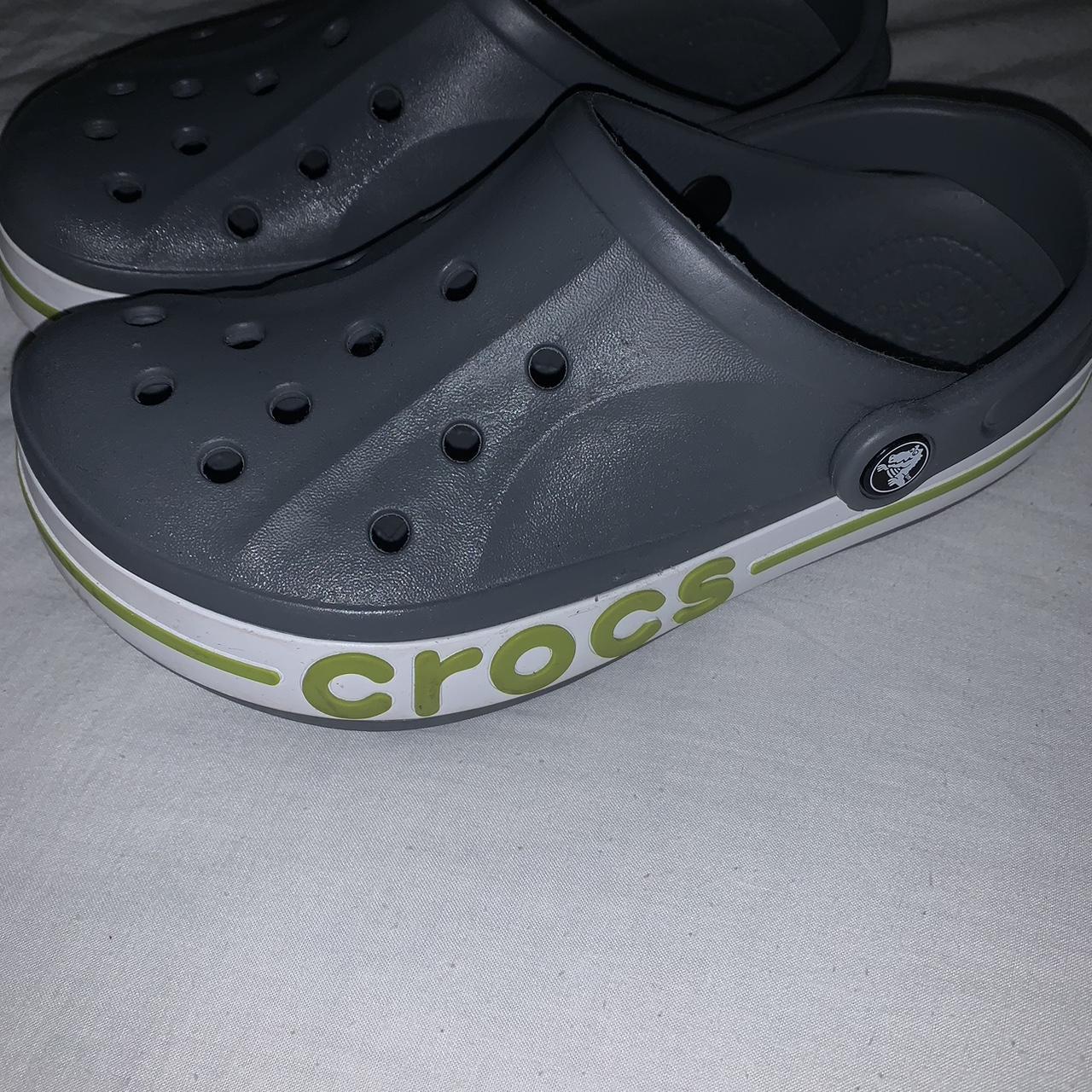 Crocs Women's Grey and Green Clogs | Depop