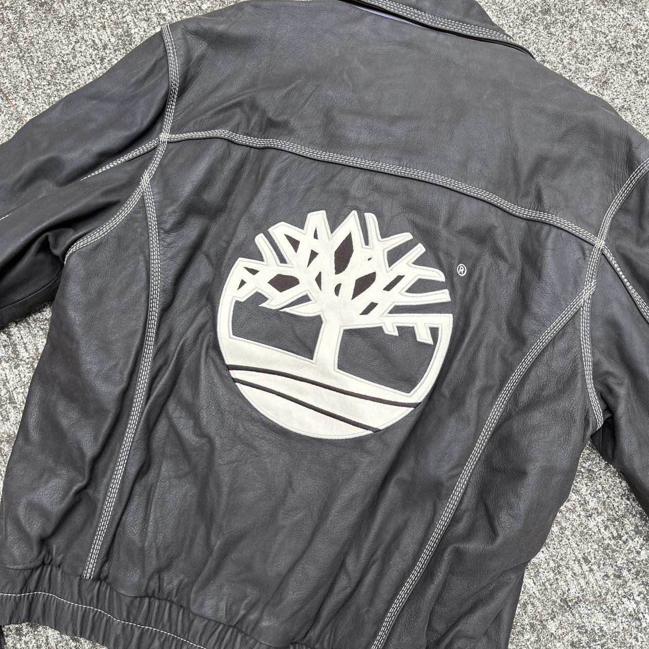2000s Timberland Leather Jacket with Huge Logo on back - Depop