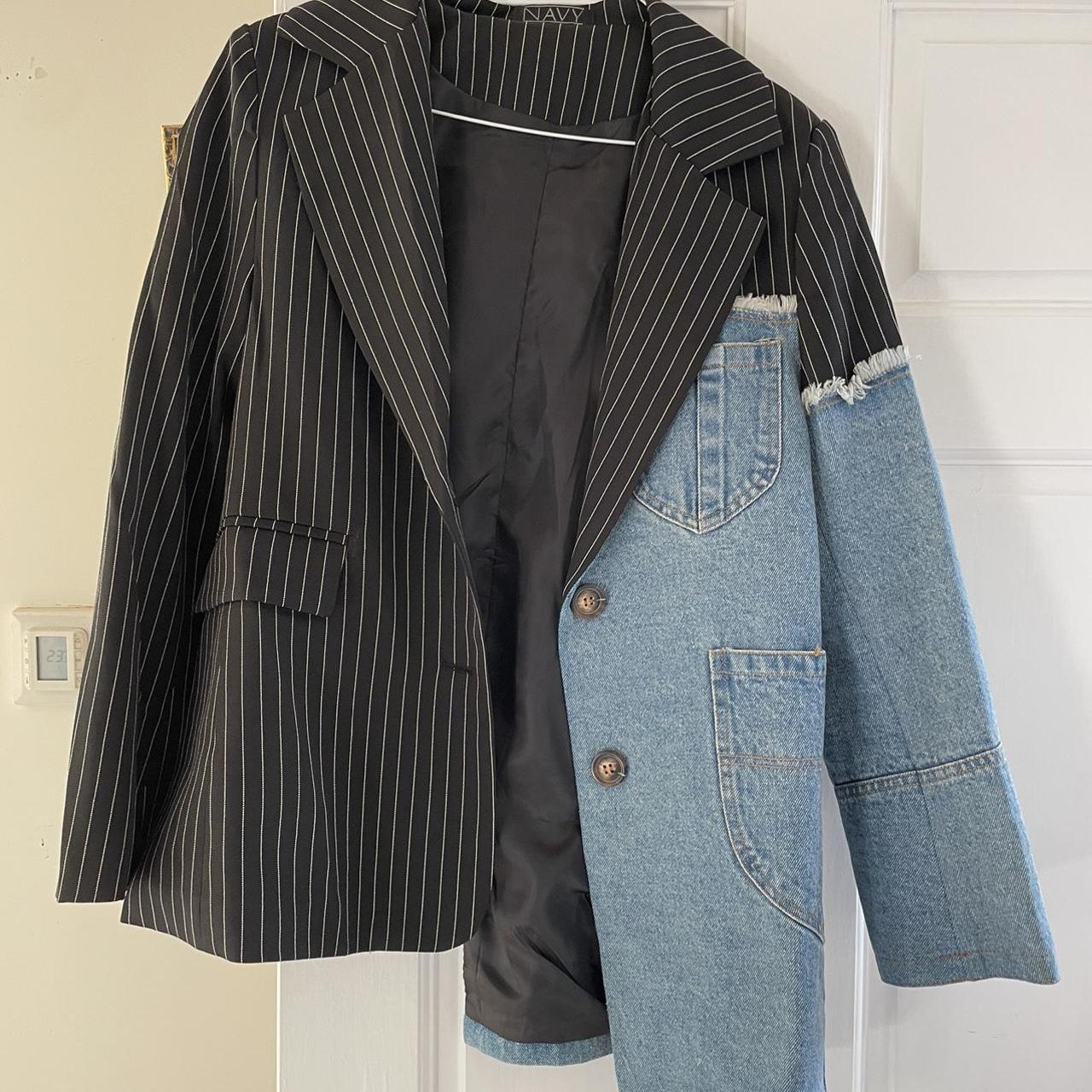 One of a kind blazer Half denim half pinstripe... - Depop