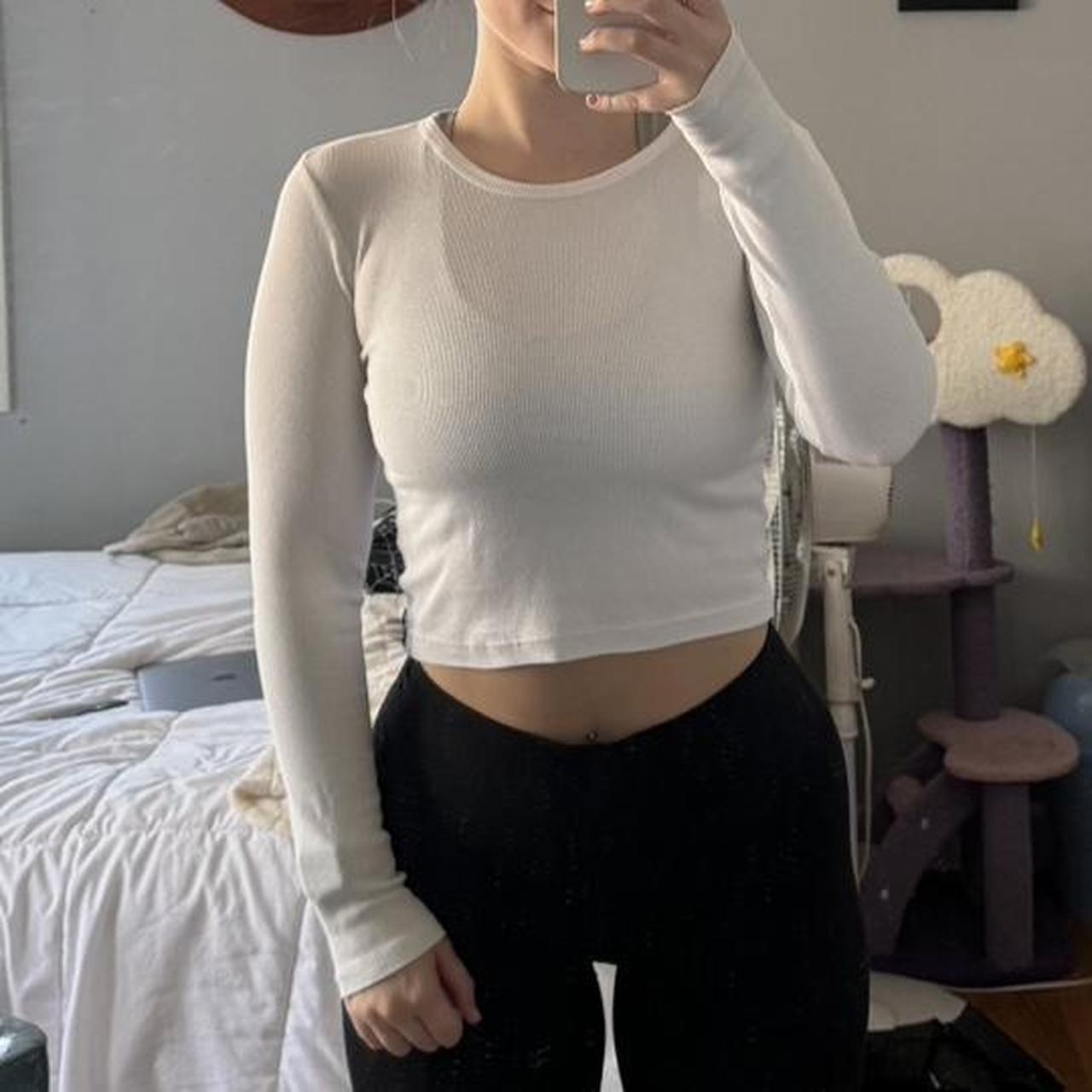 Pull & Bear Ribbed white cropped long sleeve shirt... - Depop