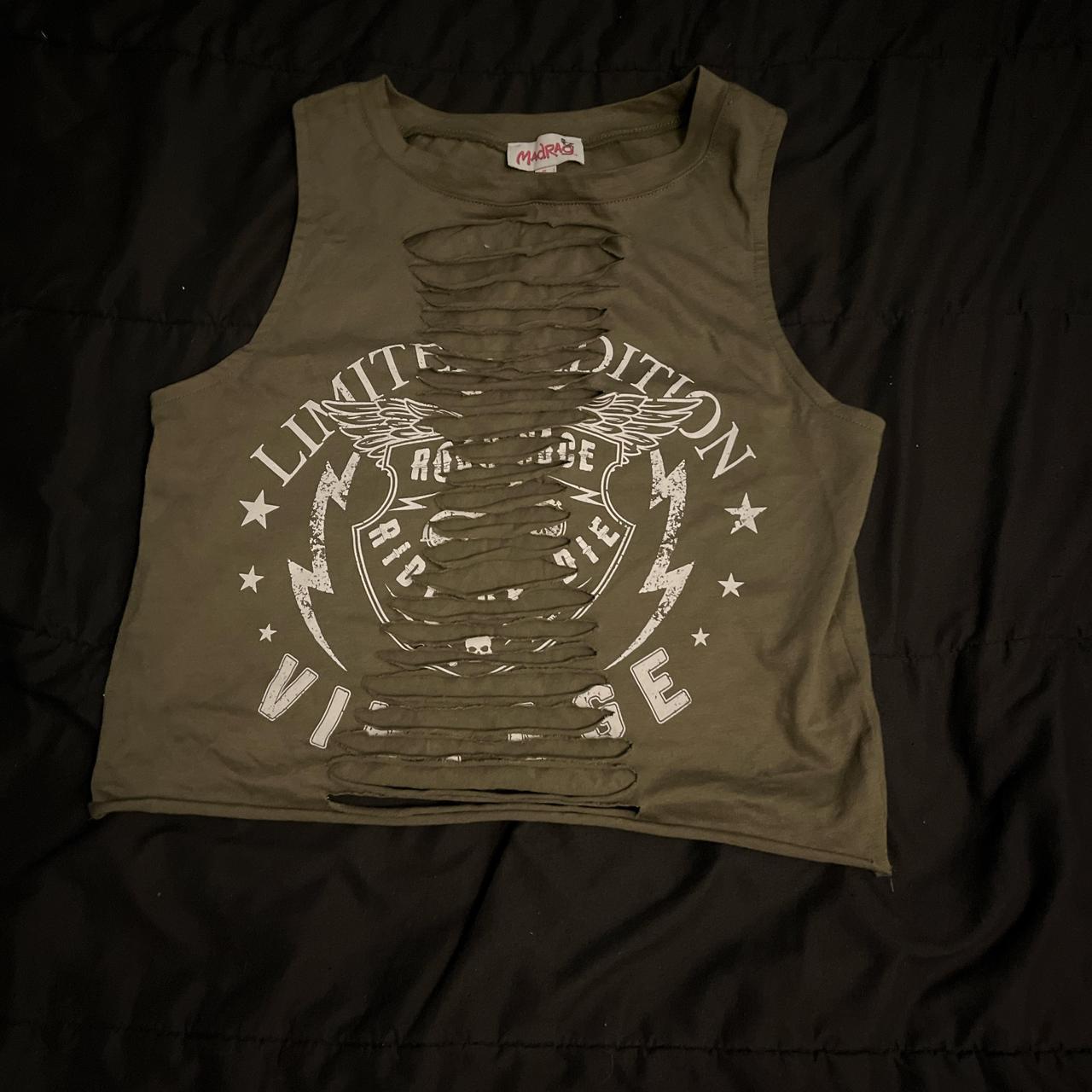 MadRag’s- Green and white ripped tank top Size... - Depop