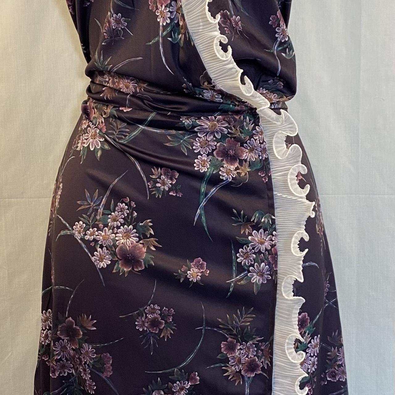 brown and cream colored ruffle dress with floral... - Depop