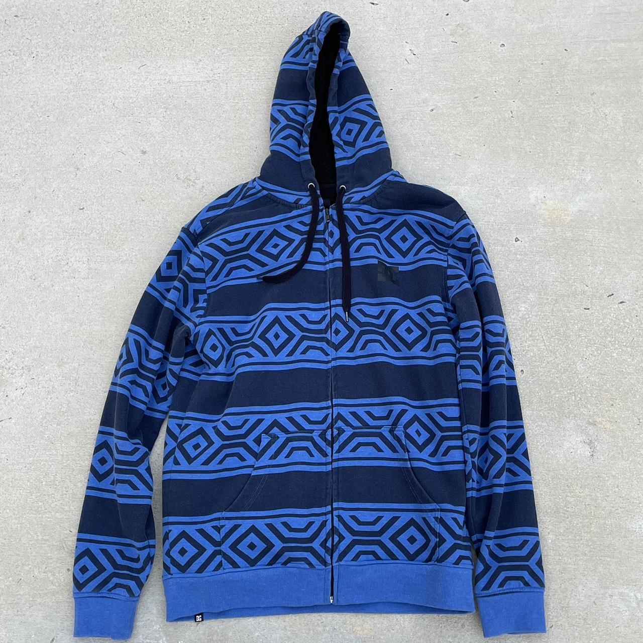 Blue and Black Striped DC Pattern Zip Up Size large... - Depop