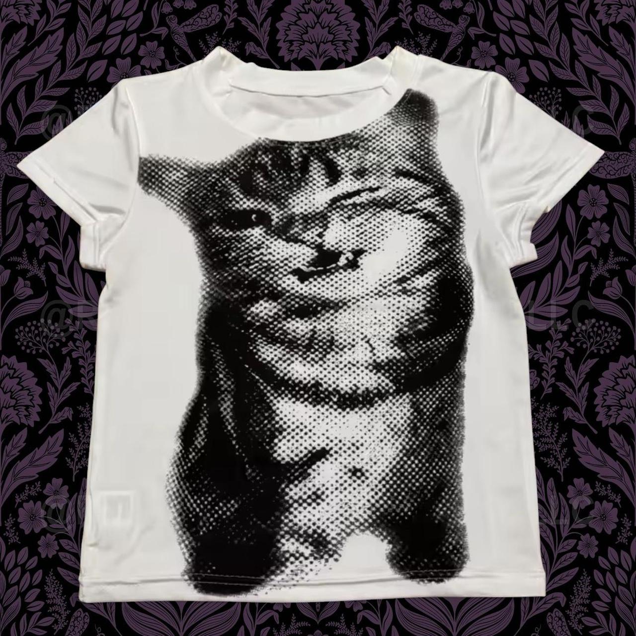 White graphic cat tee with black and white print... | Depop
