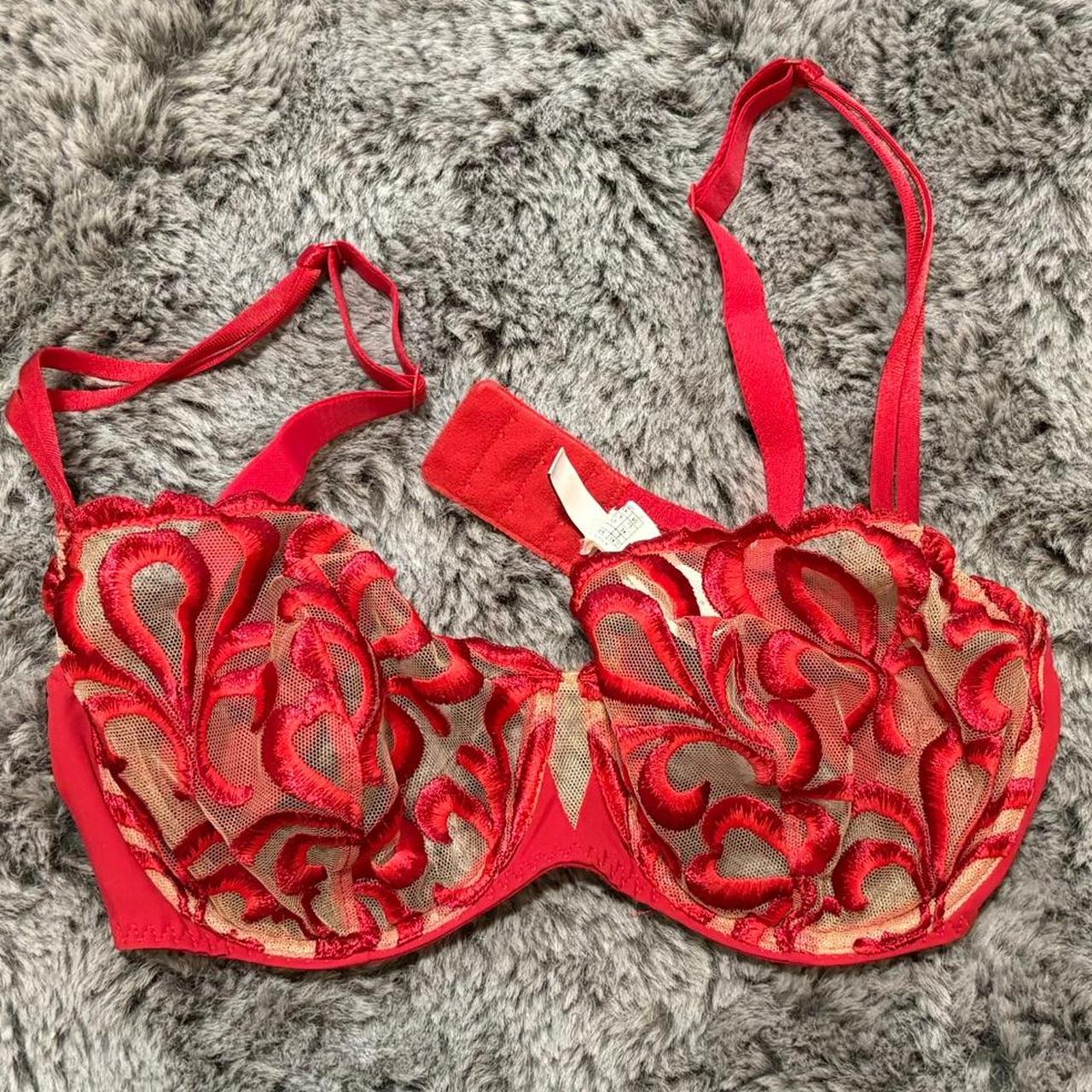 Red velvet embroidered mesh bra underwire size... | Depop