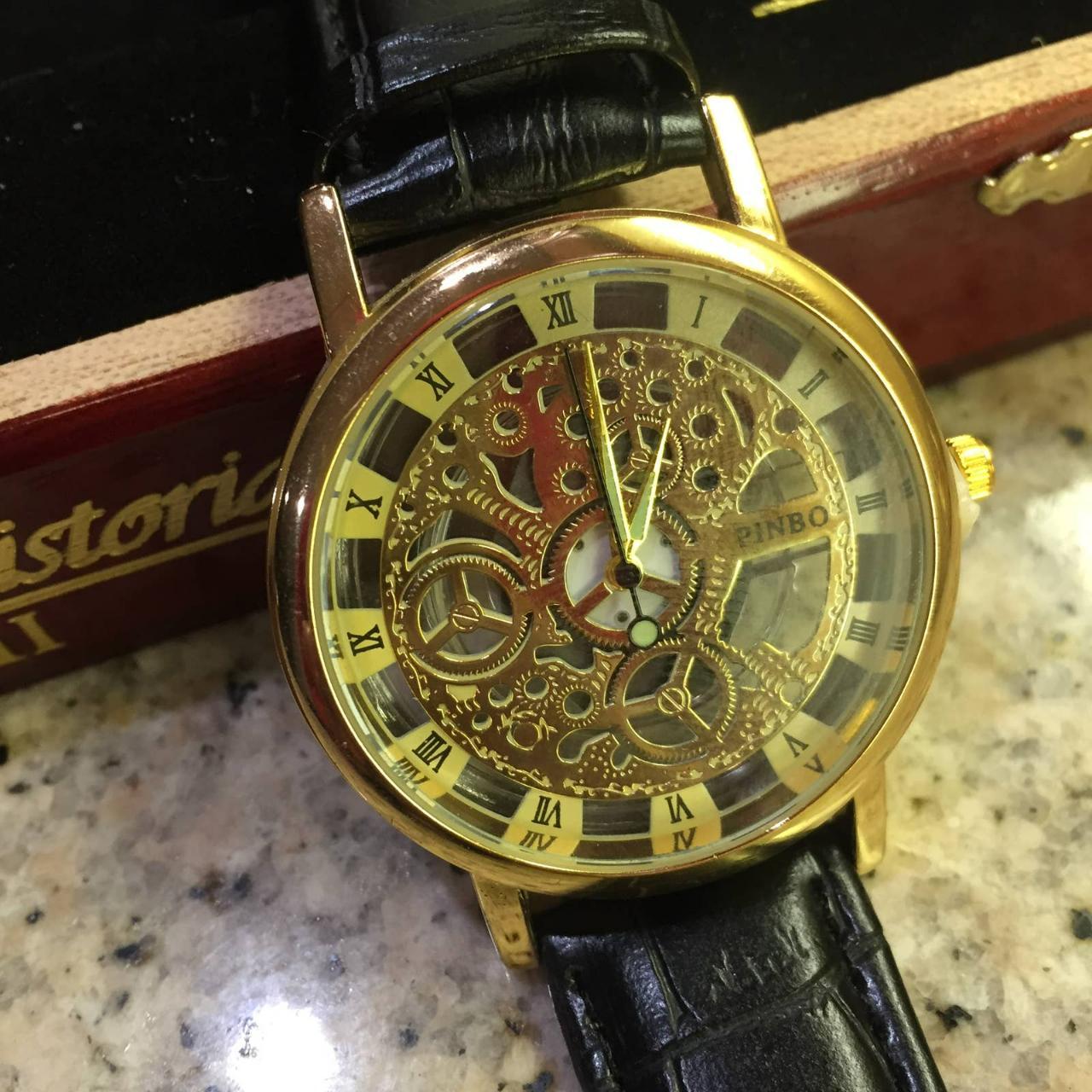 Men's Gold Colored Pinbo Watch - Black Strap Watch... - Depop