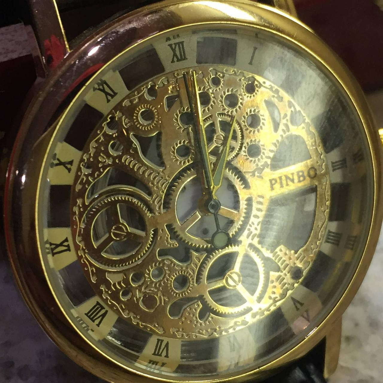 Men's Gold Colored Pinbo Watch - Black Strap Watch... - Depop