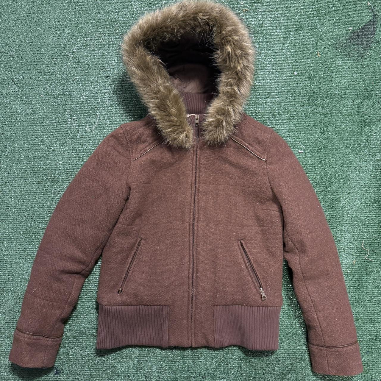 Brown hooded jacket with fur lining Size medium... - Depop