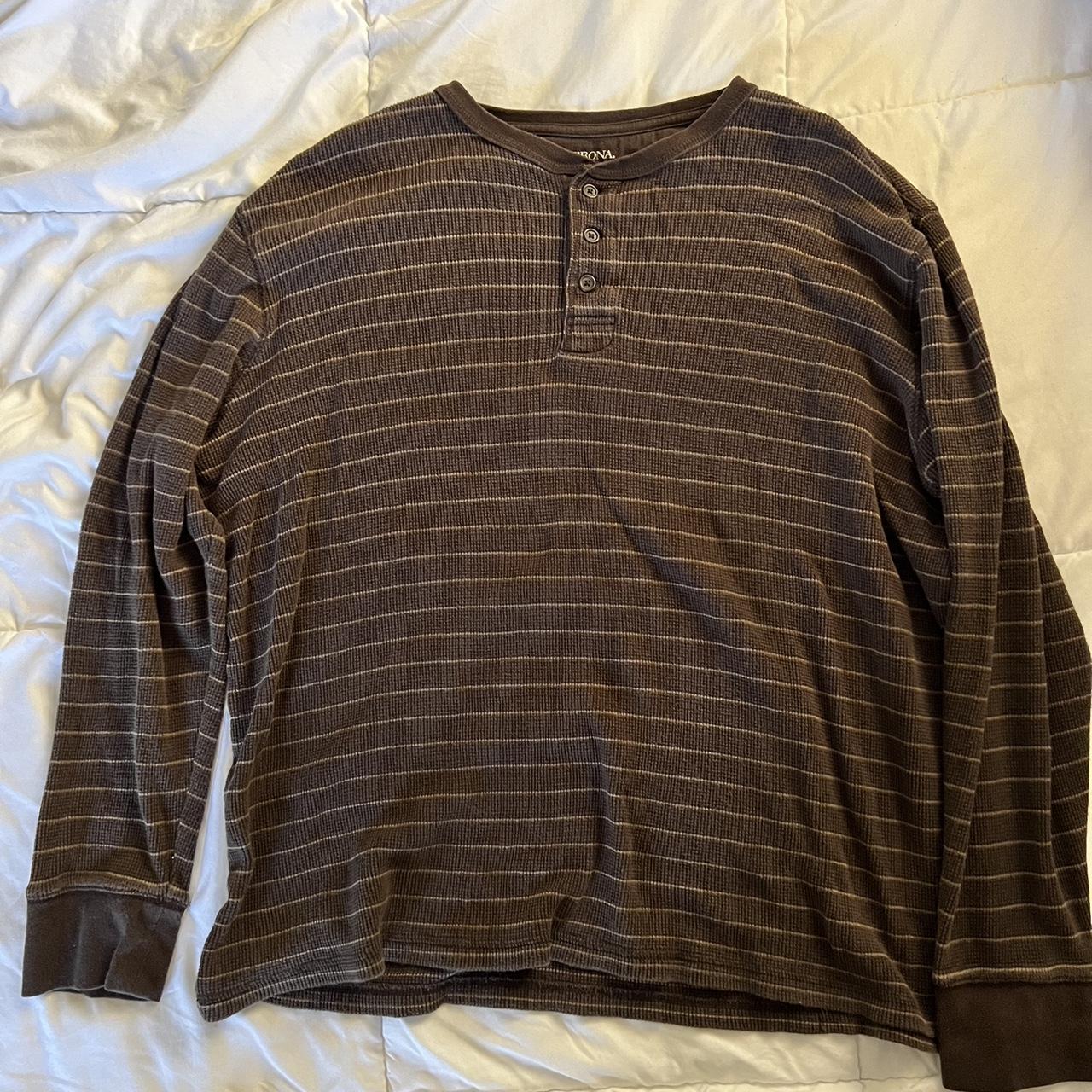 cute striped brown henley sweater, used but in good... - Depop