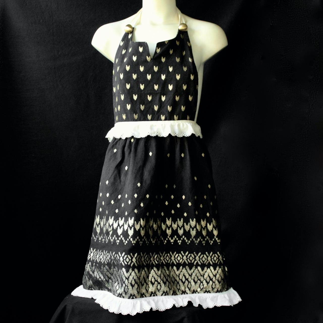 Max Studio Home Cotton Apron - Black & Metallic Gold... - Depop