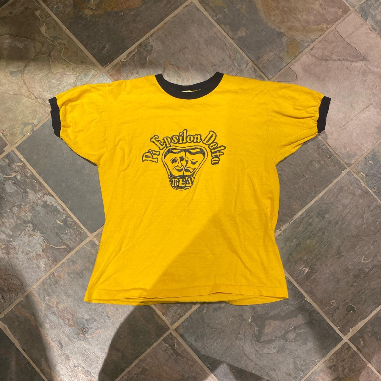 Yellow Ringer Tee “Pi Epsilon Delta” Cool quote on... - Depop