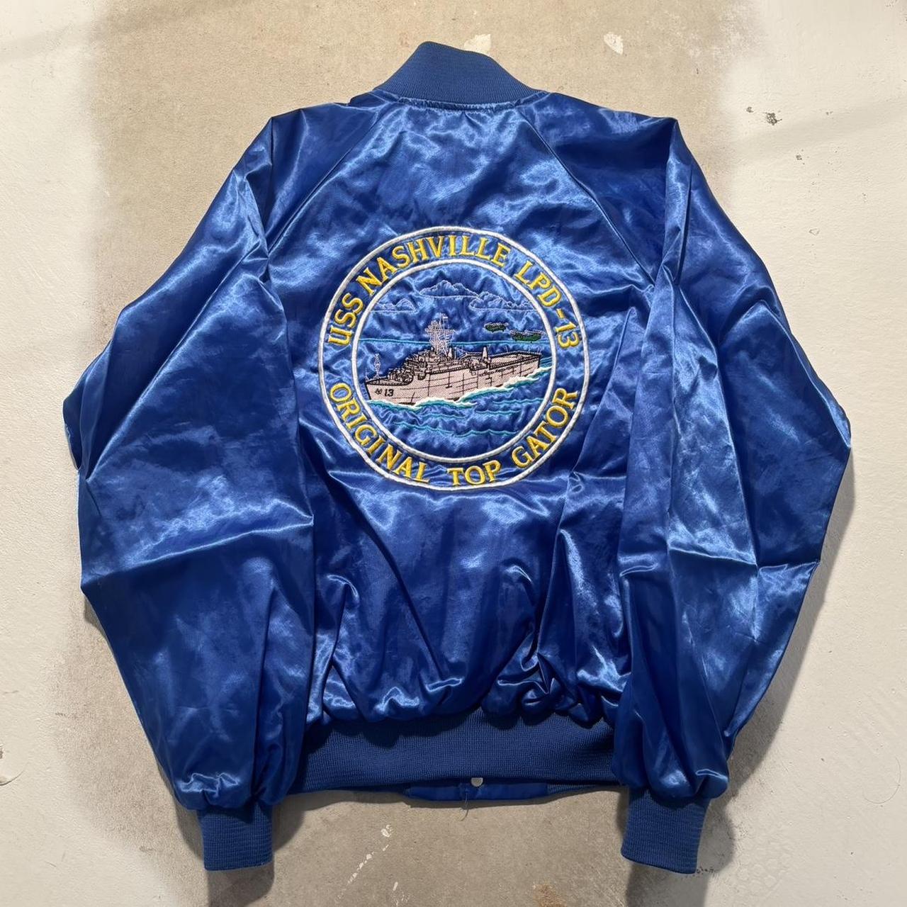 vintage 80s embroidered US navy satin jacket size... - Depop