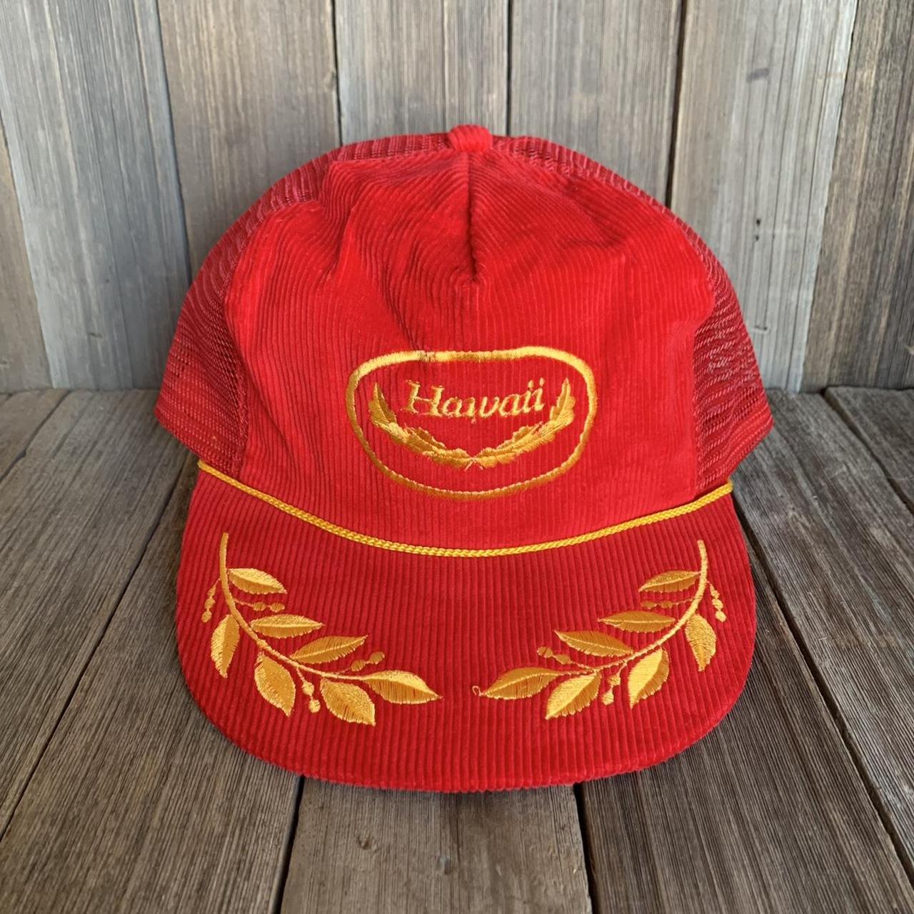 Vintage red and gold corduroy Hawaii snapback hat.... - Depop
