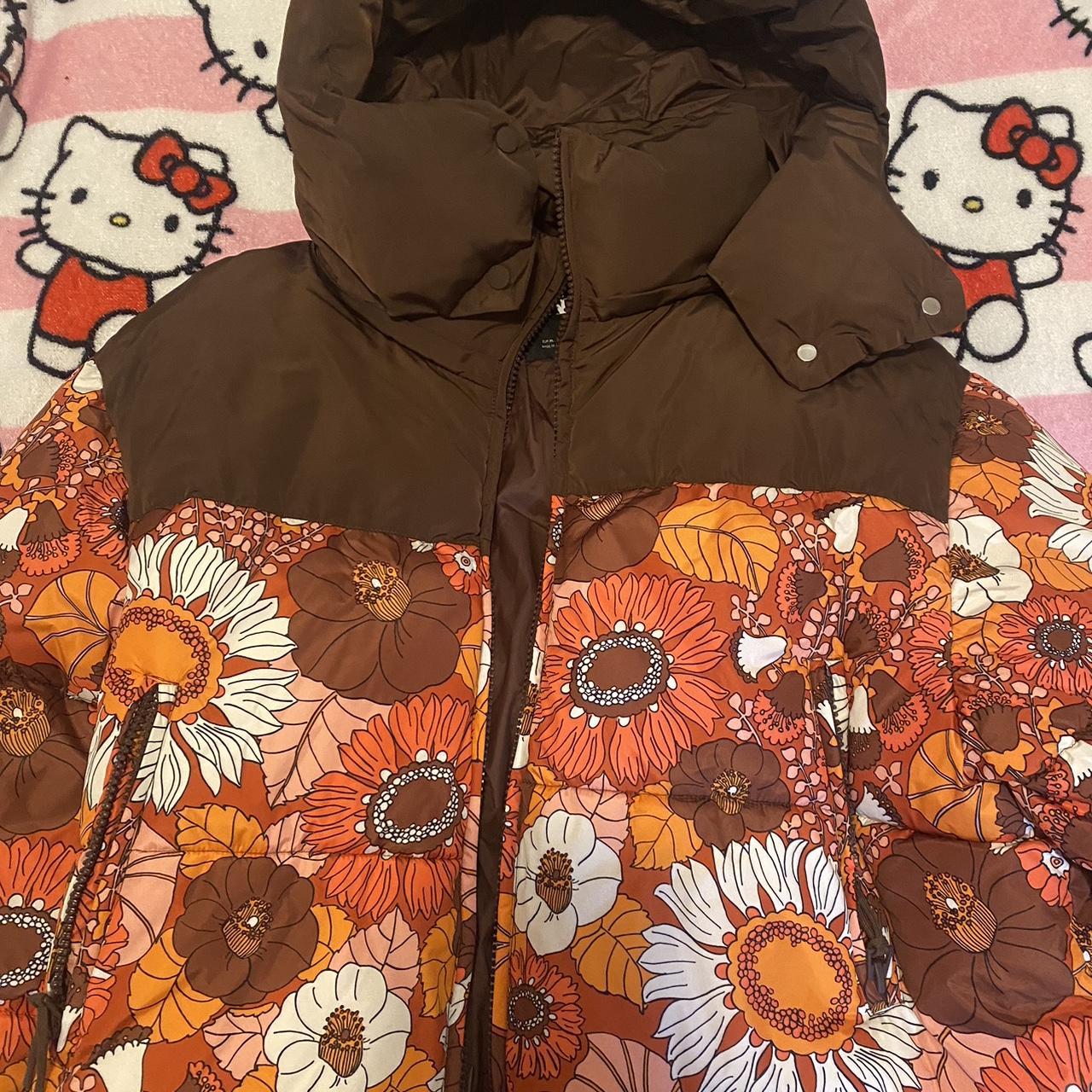 zara orange+brown flowers puffer xl but fits like... - Depop