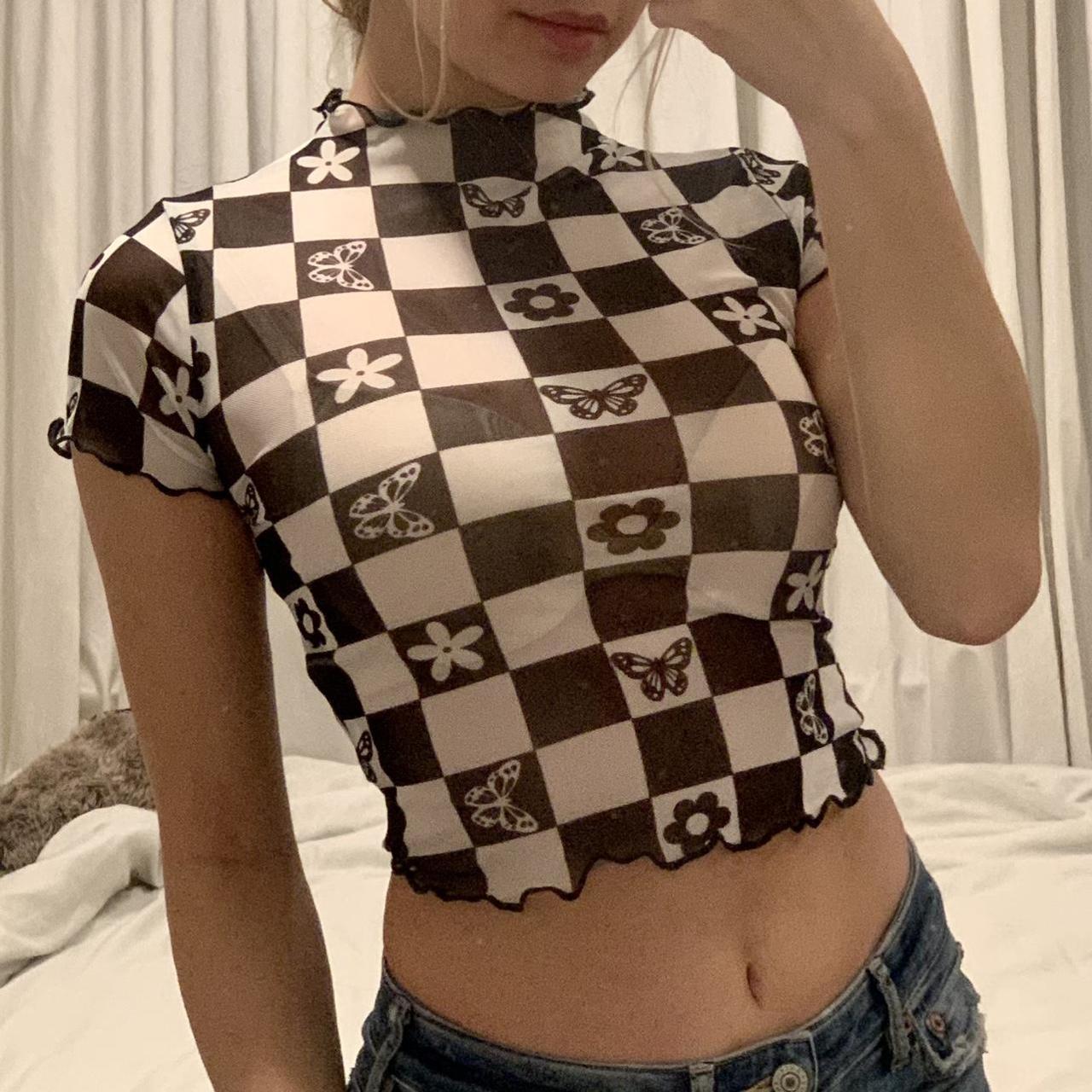 Black and White Mesh Checkered Crop Top -Butterfly... - Depop