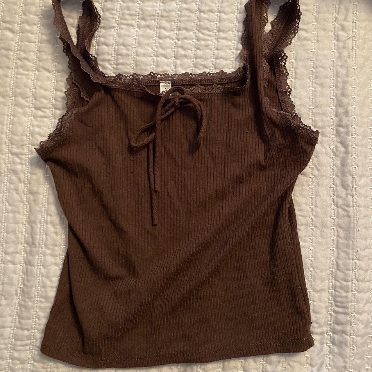 small brown tank top with bow in the middle and lace... - Depop