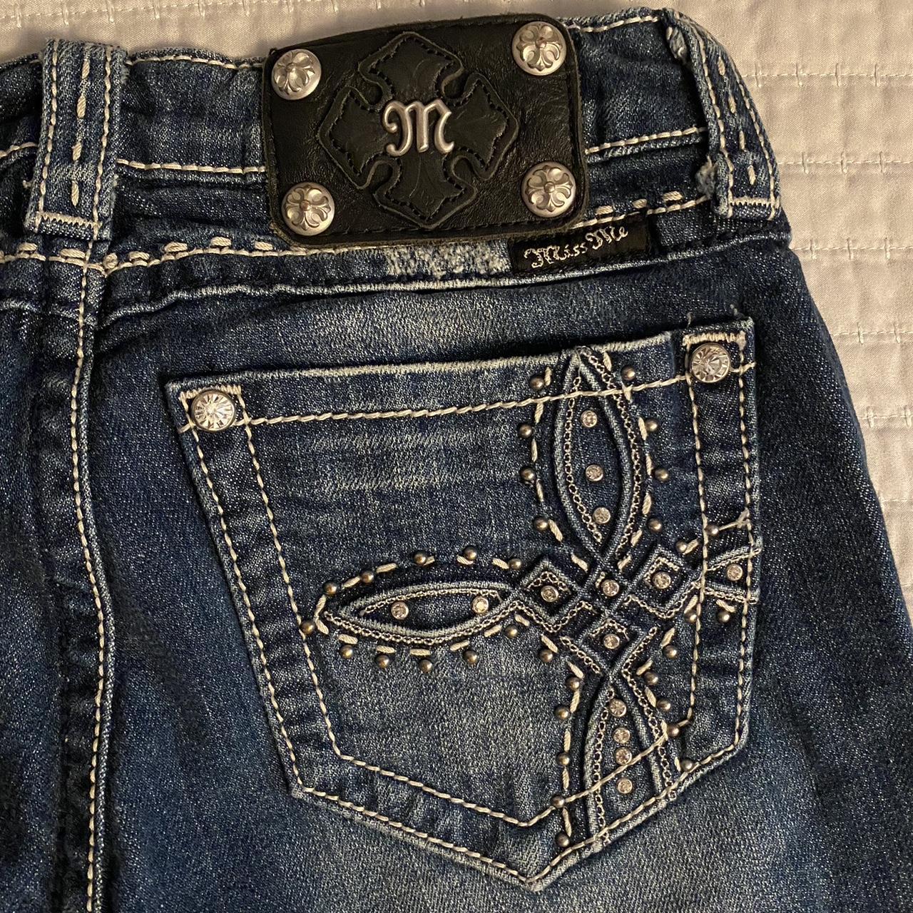 size 27 miss me bedazzled jeans lowrise and flared... - Depop