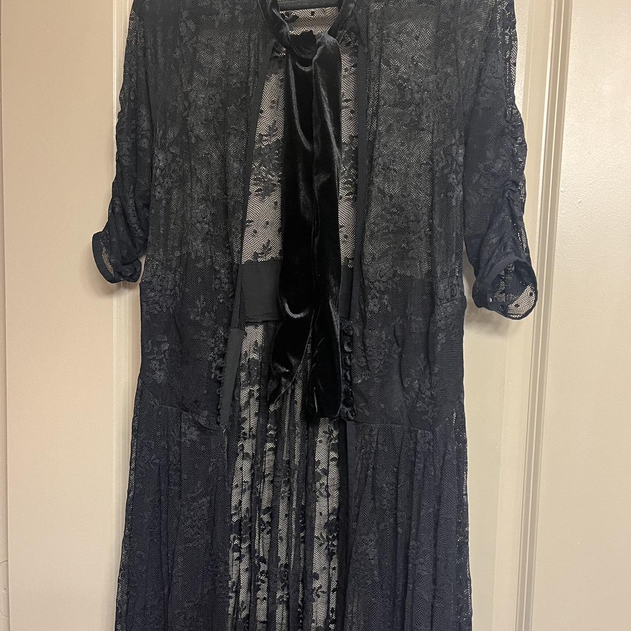 Black lace floor length duster with tie-up neck and... - Depop