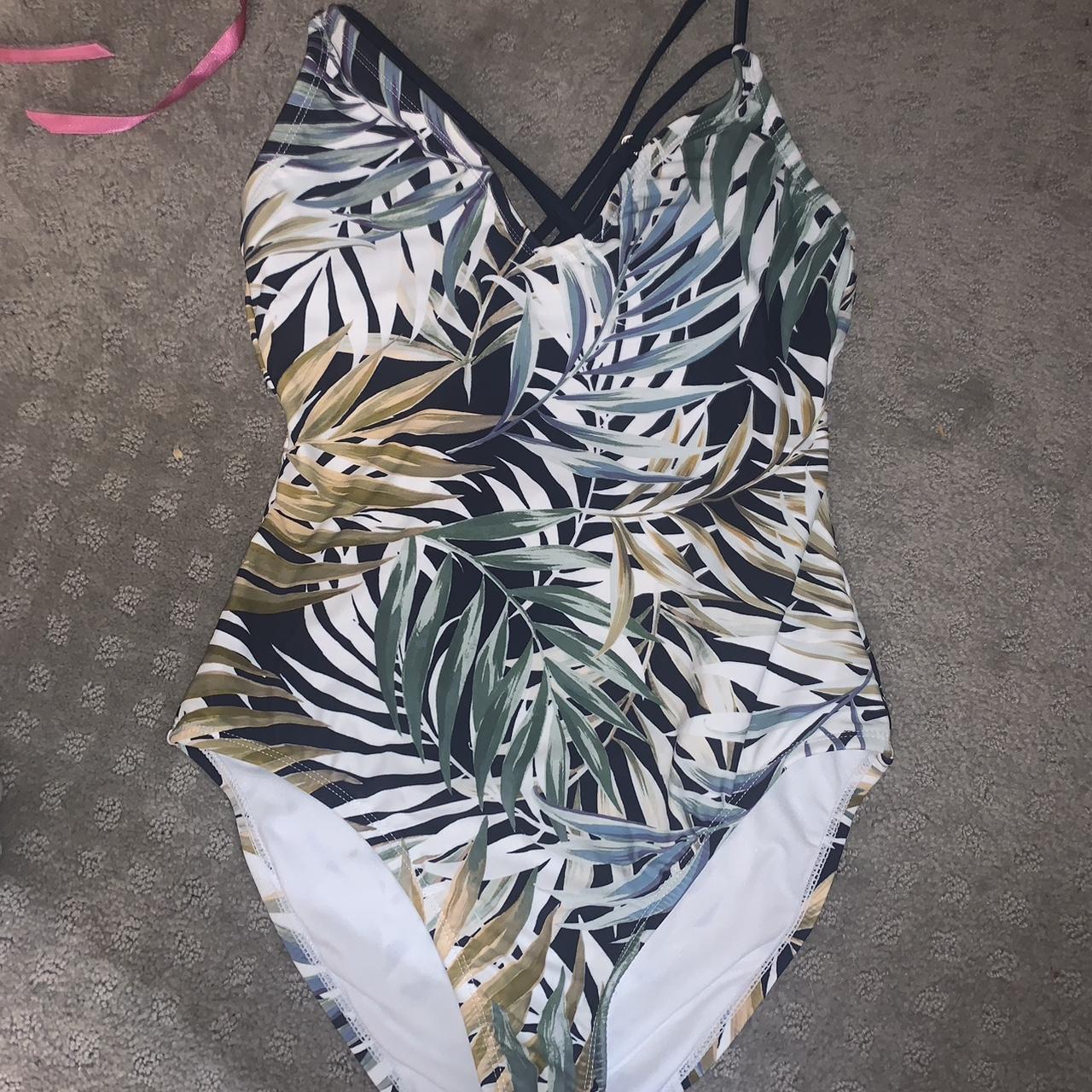 White and green one-piece swimsuit with adjustable... | Depop