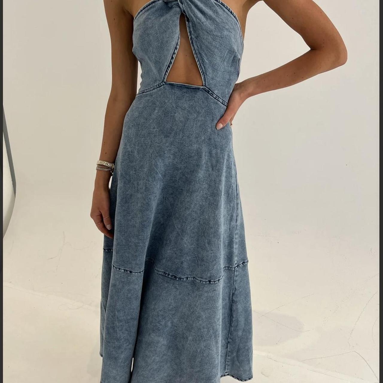 Here Comes The Sun Denim halter dress Size 10 Worn... - Depop