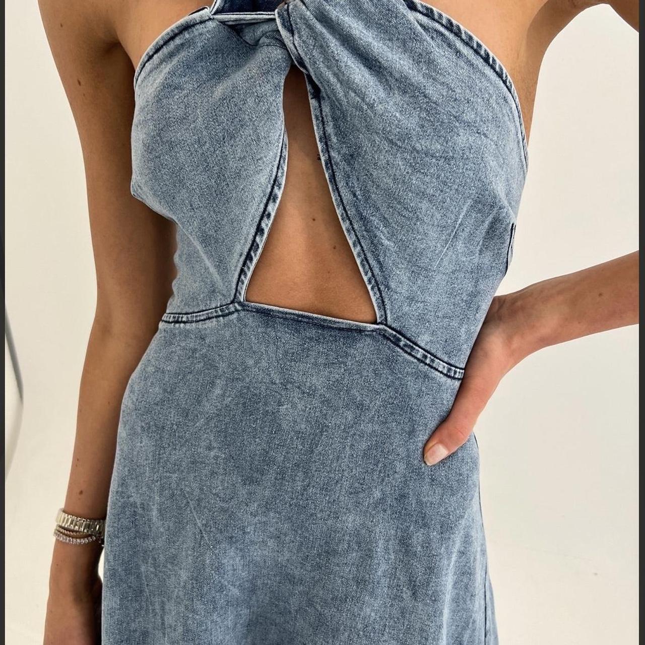 Here Comes The Sun Denim halter dress Size 10 Worn... - Depop