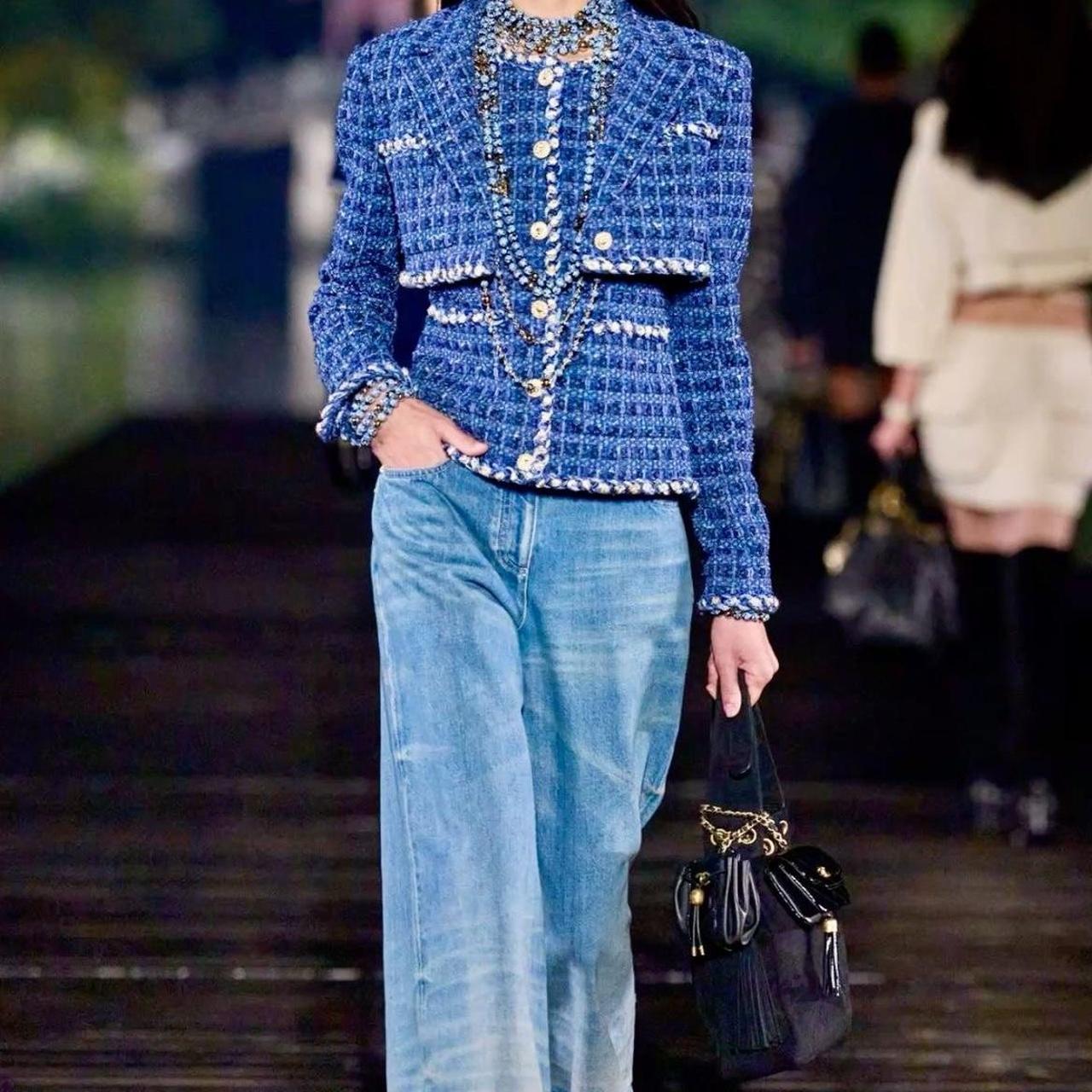 Cropped Blue Tweed Rhinestone Button Up - Size S... | Depop