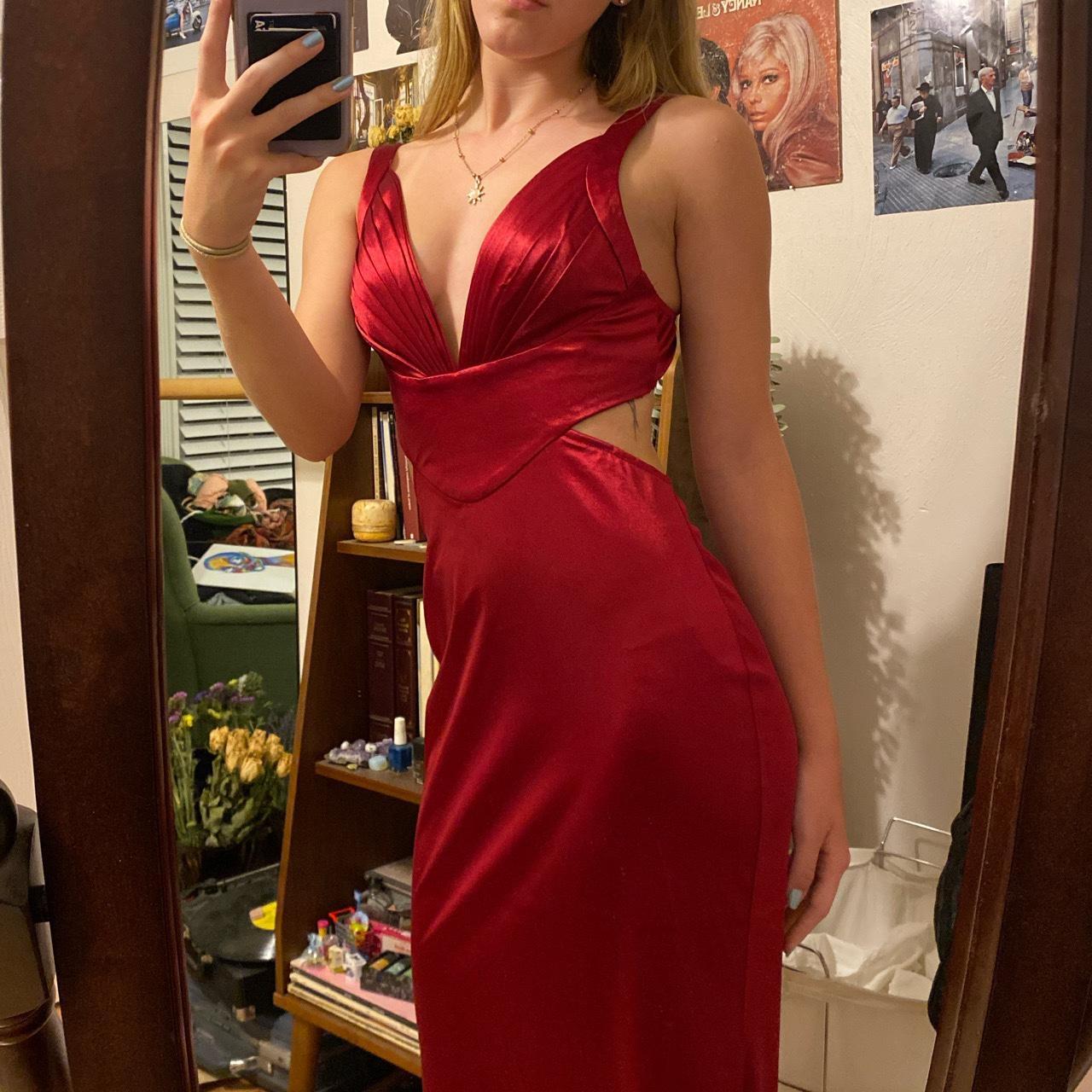 Stunning silky red prom dress, only worn once,... - Depop