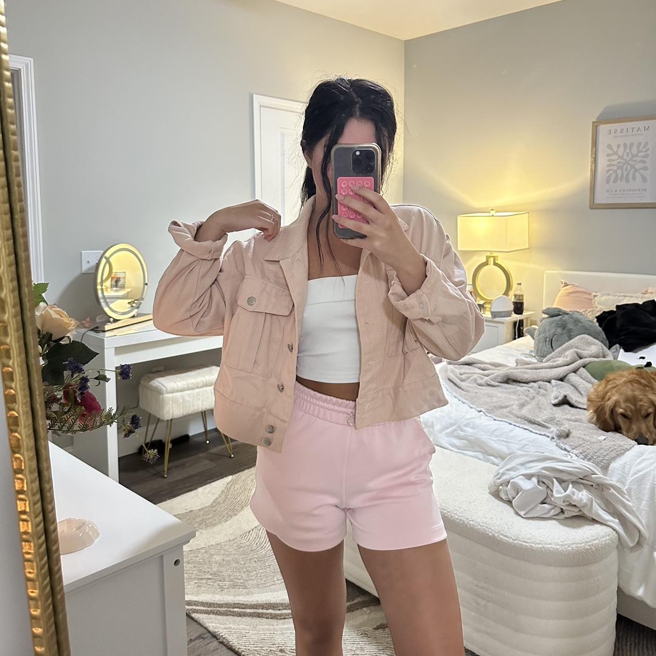 blush pink cropped denim jacket - Depop