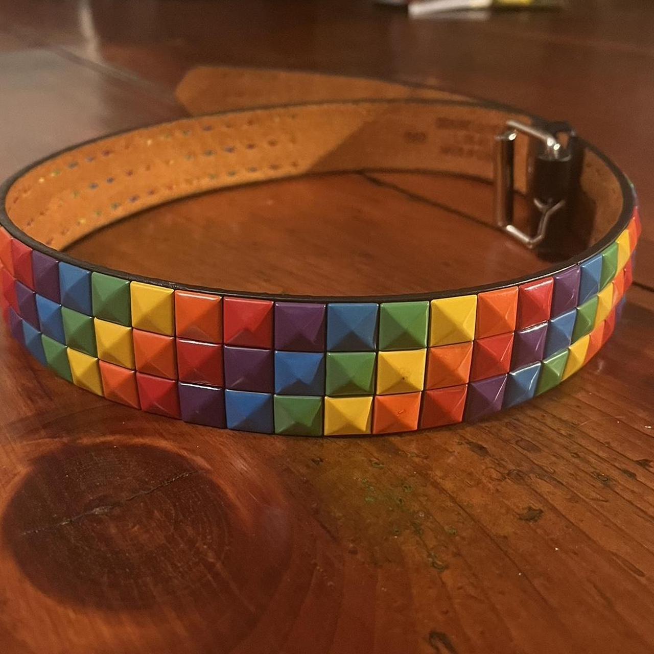 rainbow studded belt genuine leather, size L worn... - Depop