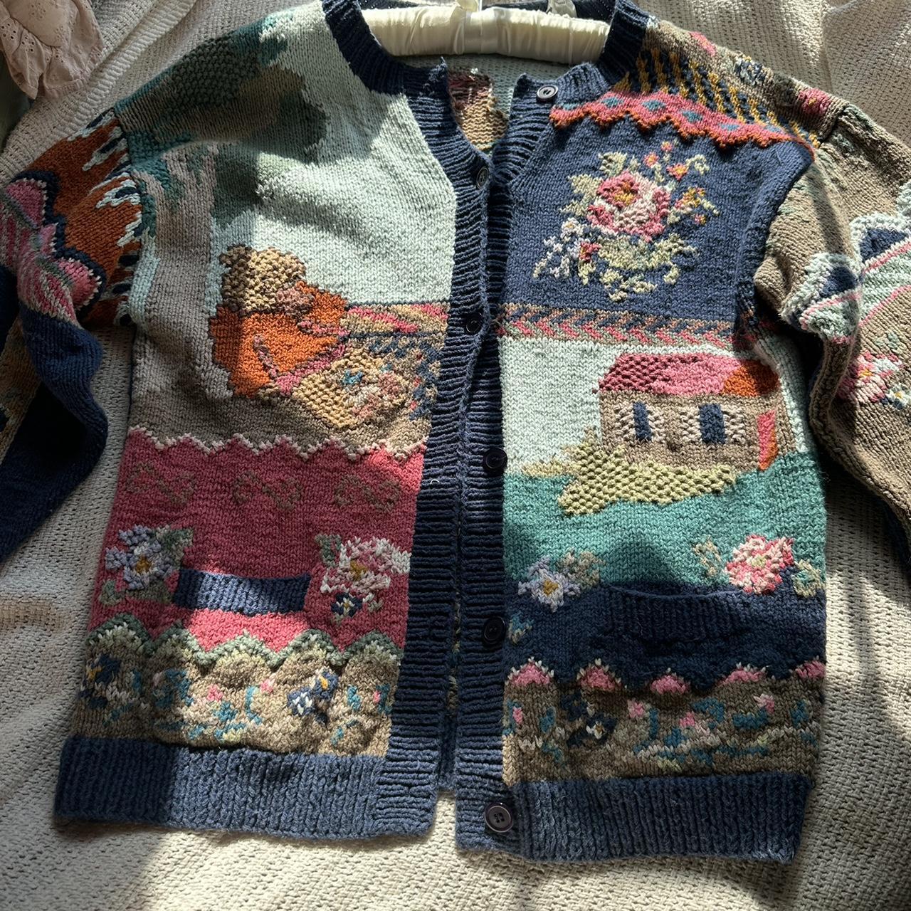 insane vintage crochet cardigan with picnic scenes... | Depop