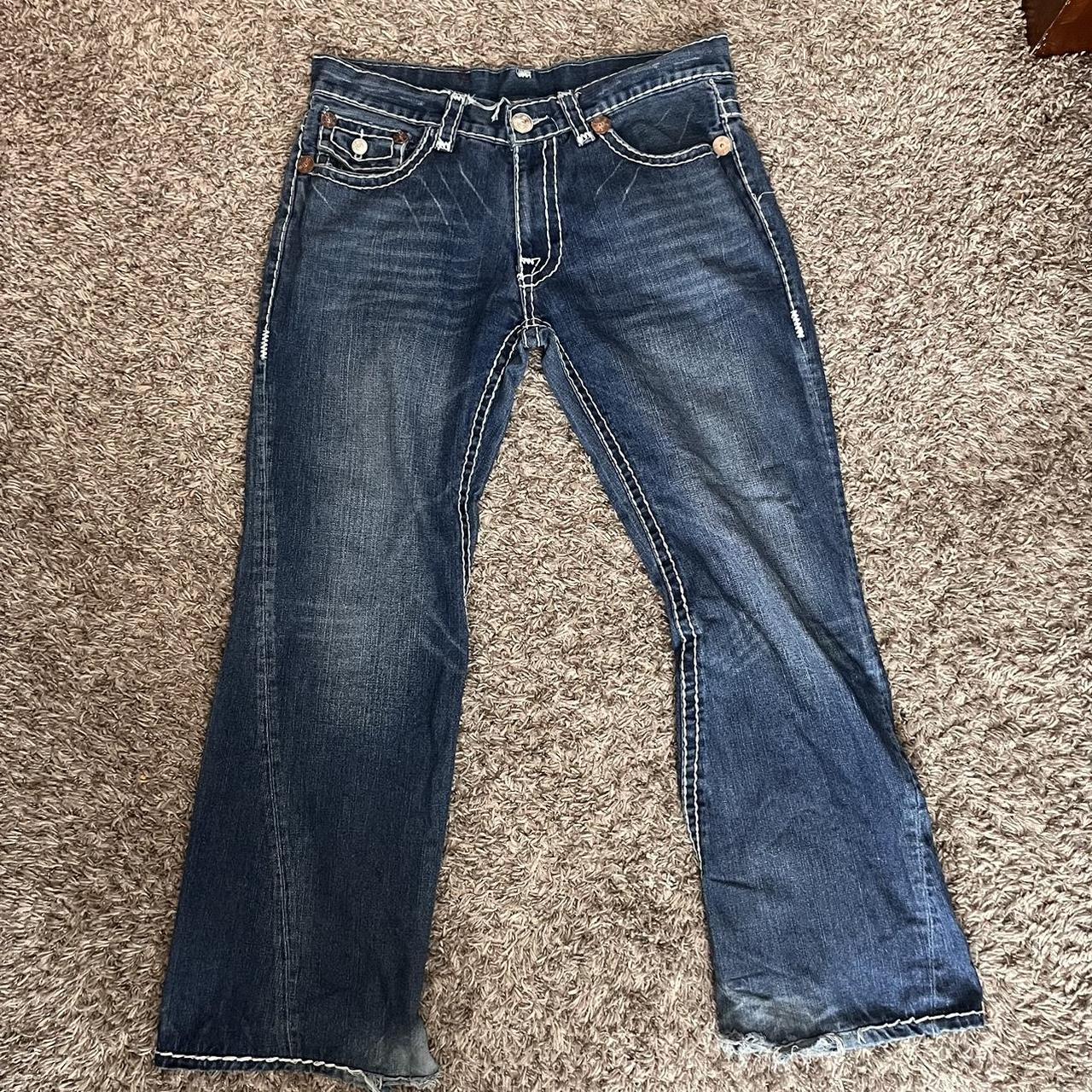 Flared double stitch True religions 😏 Rip on the... - Depop