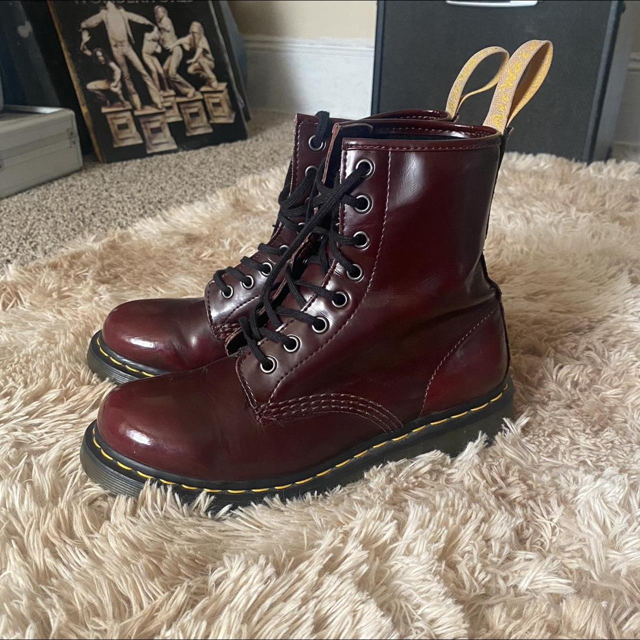 red doc martens leather lace up boots 8 slightly... - Depop