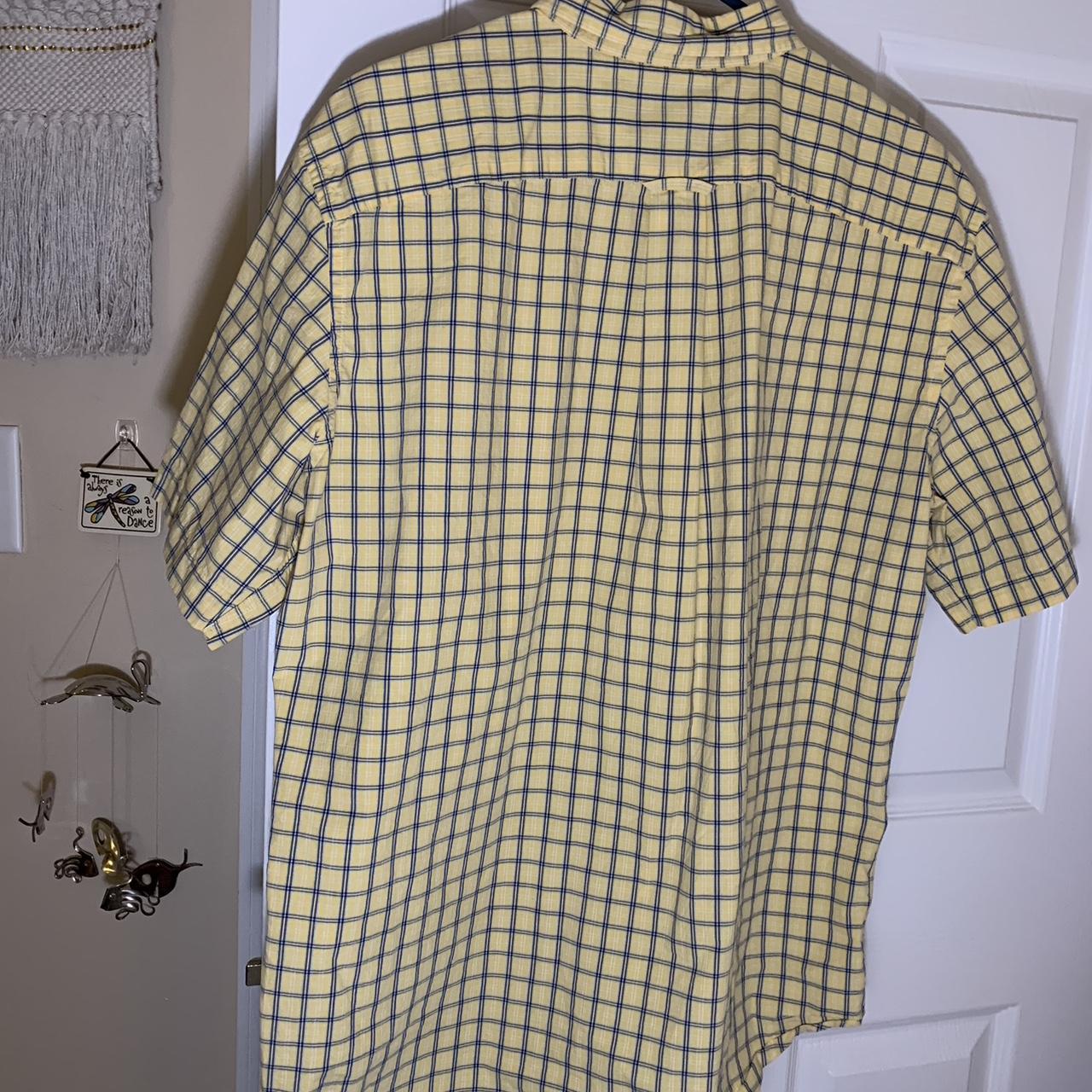 Short sleeved yellow button up shirt with blue... - Depop