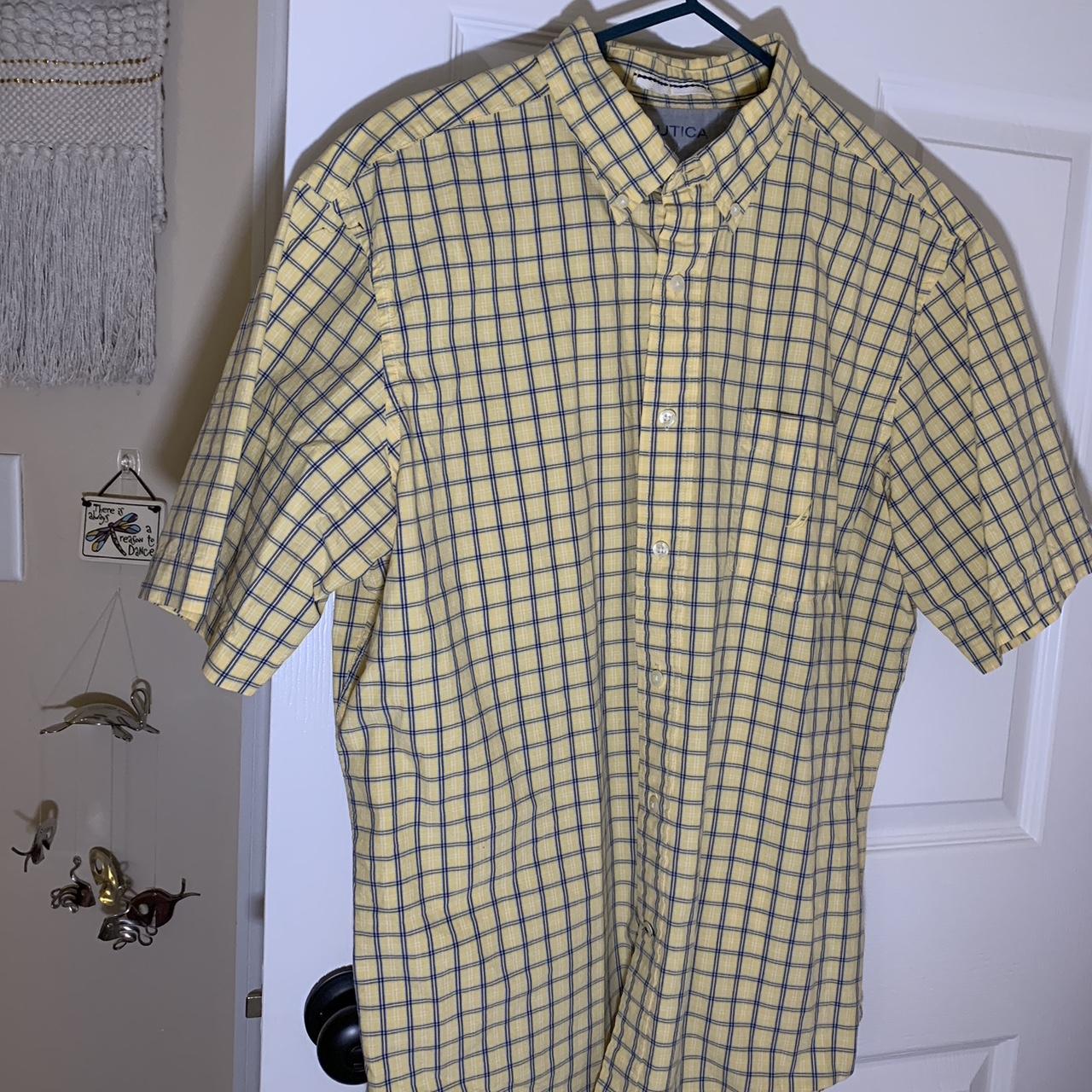 Short sleeved yellow button up shirt with blue... - Depop