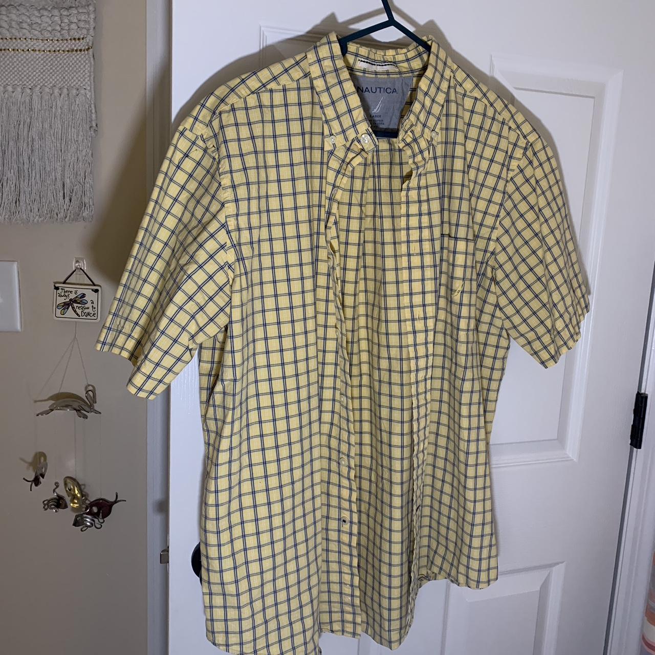 Short sleeved yellow button up shirt with blue... - Depop