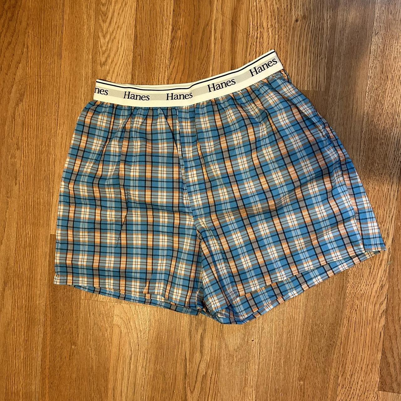 Hanes boxers Blue and orange plaid, tagless Never... - Depop