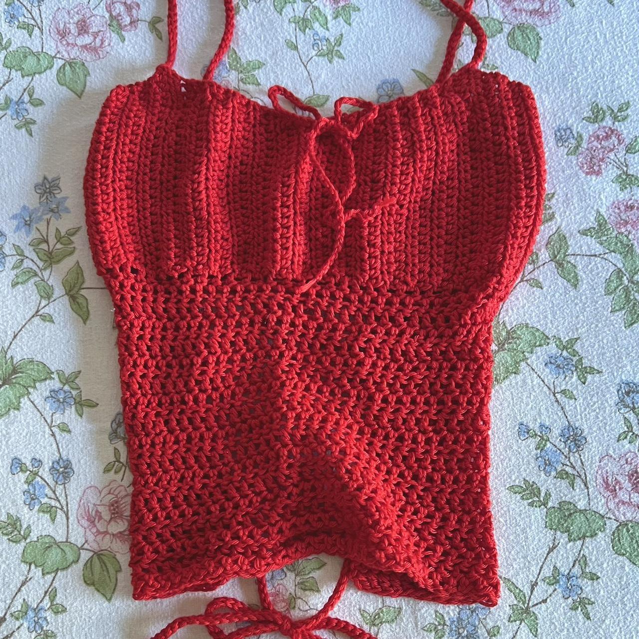 Red crochet top with lace up back & bow detail -... - Depop