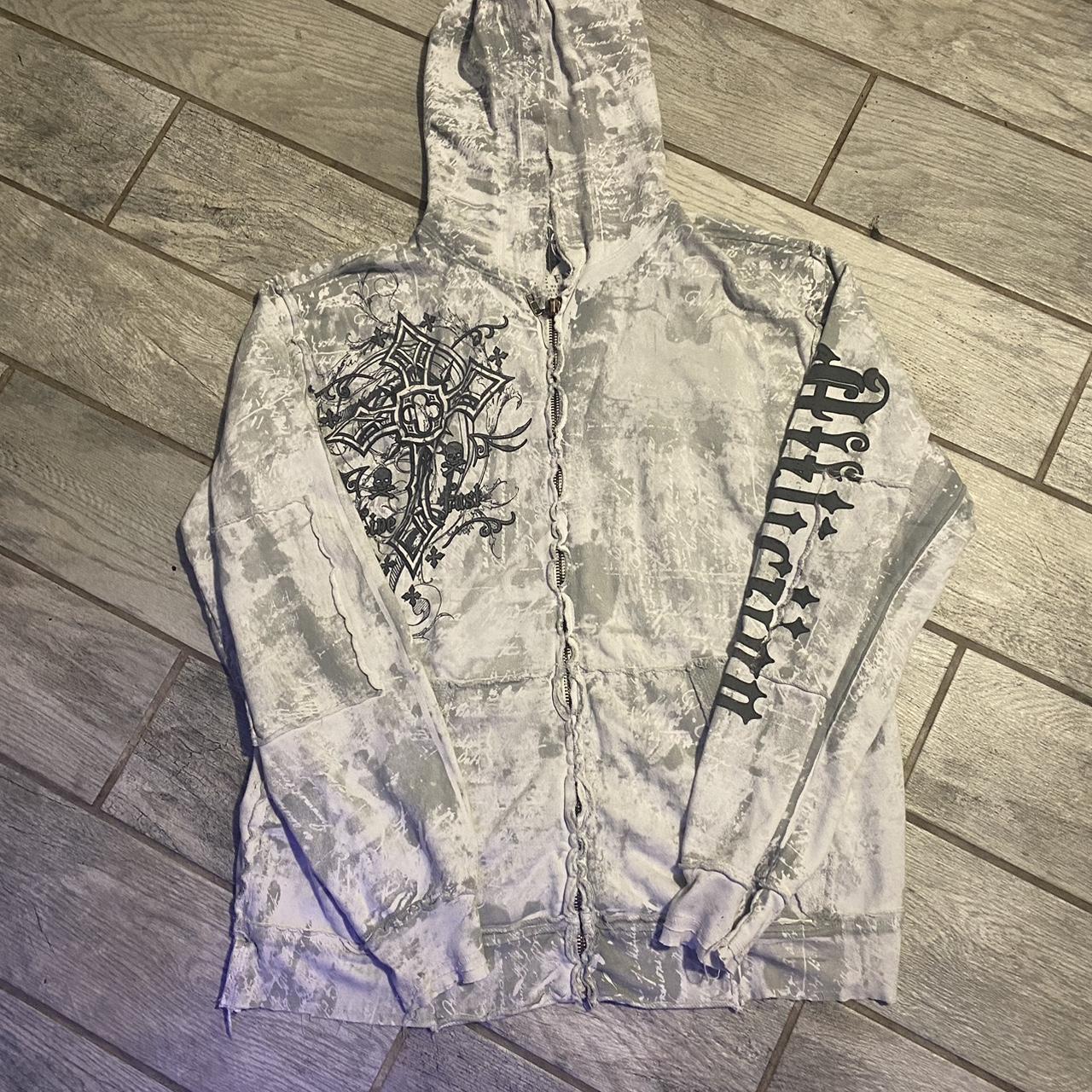 XL grey/white affliction zip up Open to offers - Depop