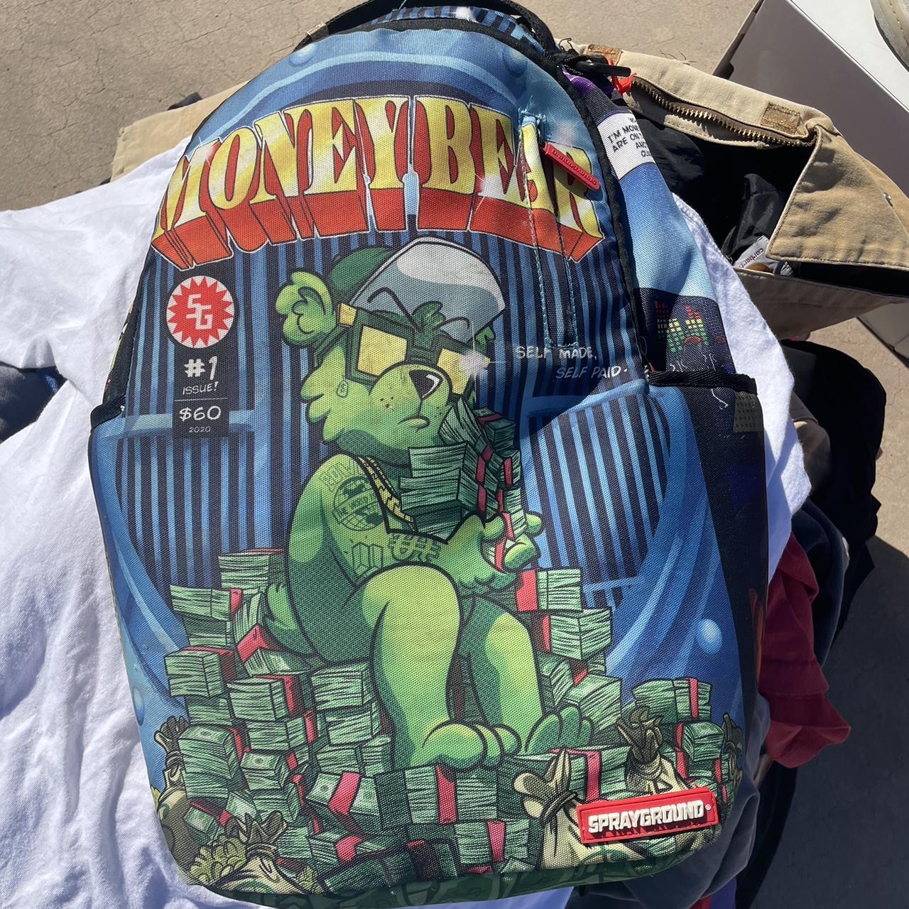 Spray ground Money Bear backpack in blue and green... | Depop