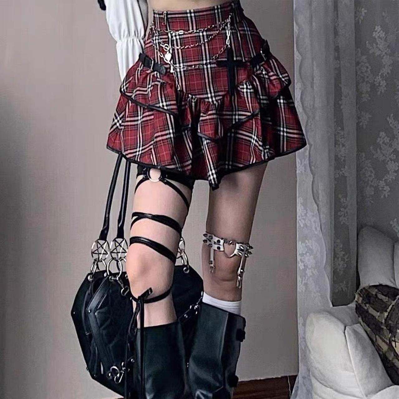 gothic red check mini skirt with chains Size S... - Depop