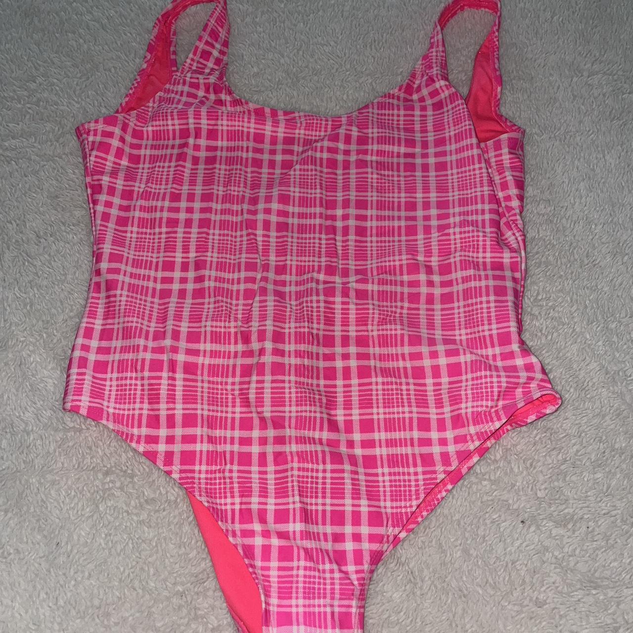 Neon Pink Low Back Checkered Swimsuit one... - Depop