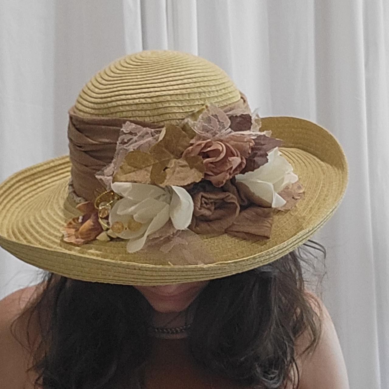 Straw hat with tan sash around. Small shells around... - Depop