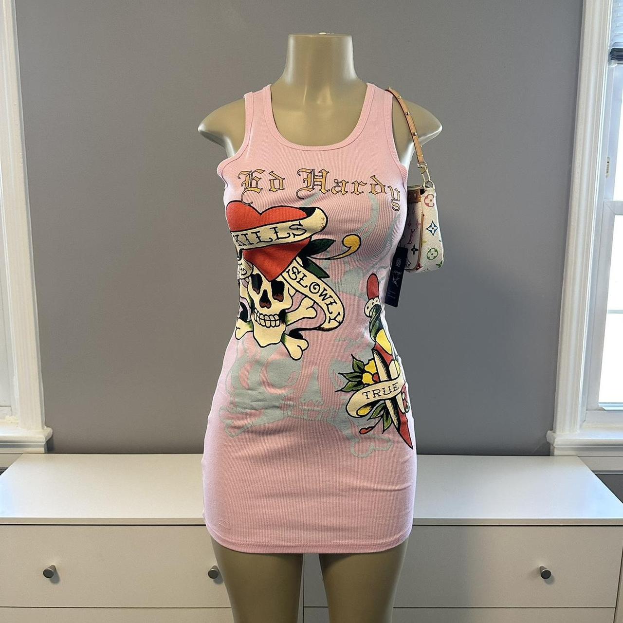 Ed Hardy pink mini dress with multi-coloured... | Depop