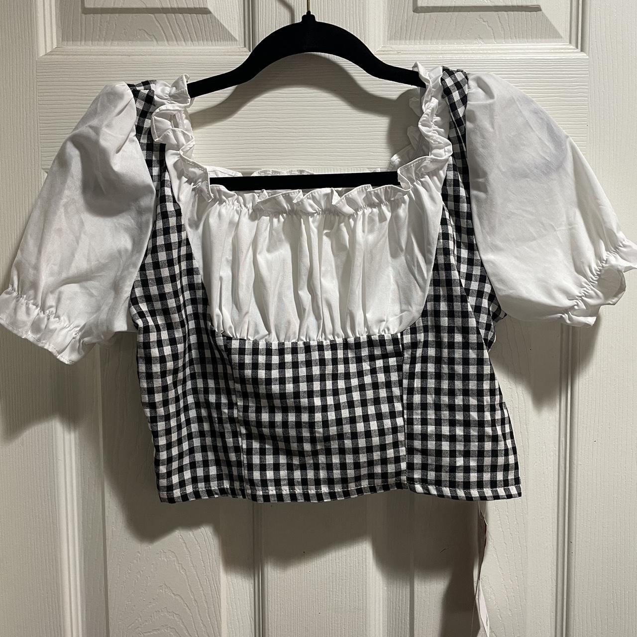 Black and white gingham top Cropped, ruffled Size... | Depop