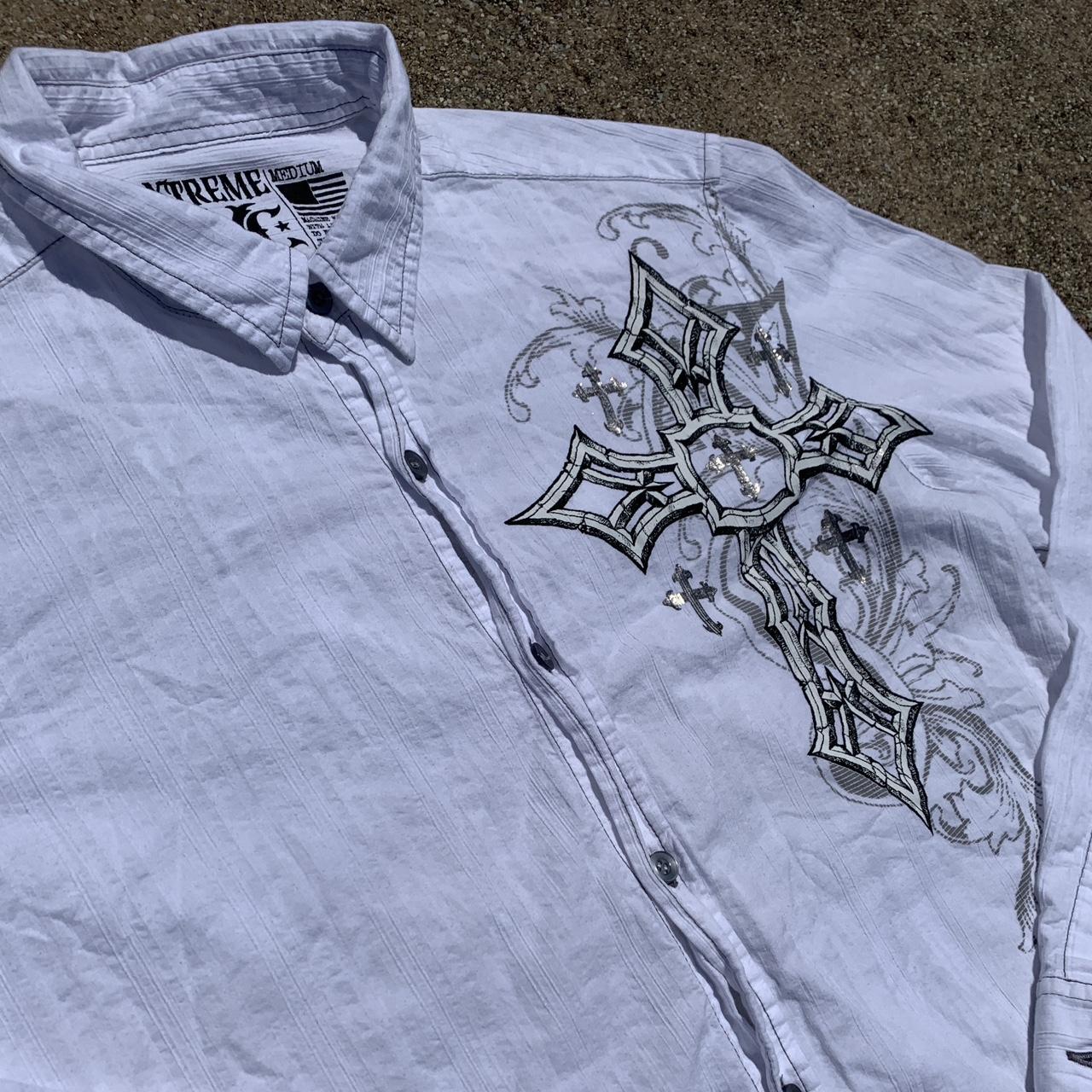 white xtreme couture button up shirt size... - Depop