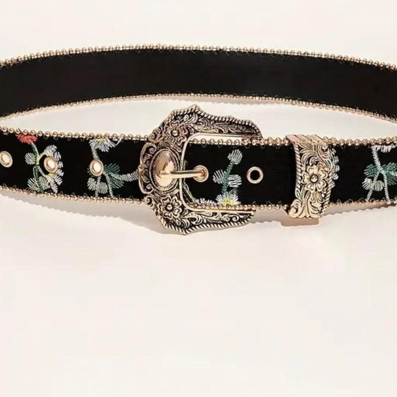Western Flower Buckle Belt, Boho Flower Embroidered... - Depop