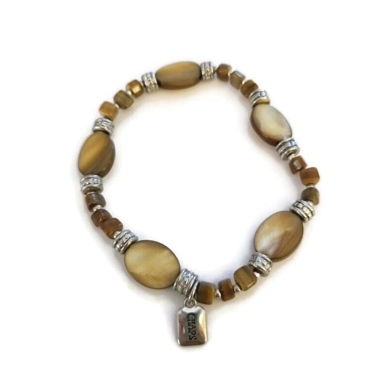 Chaps Brown Silver Tone Beaded Charm Bracelet.... - Depop