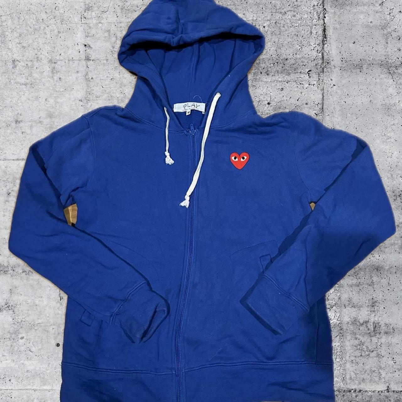 CDG PLAY blue with red heart zip up size medium fits... - Depop